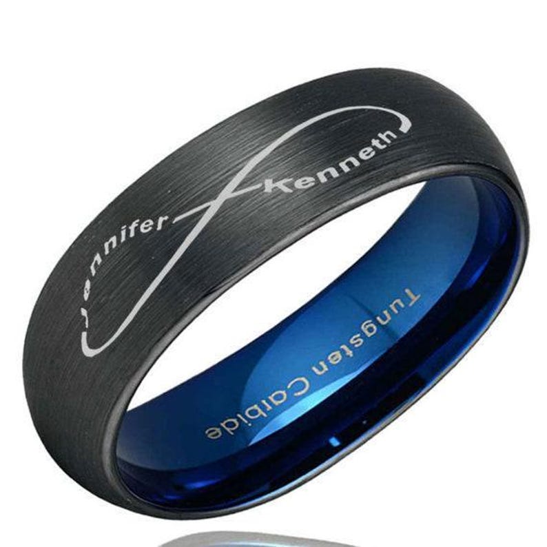 Infinity Symbol Two Names Engraved Custom Wedding Ring Set, Dome Black ...