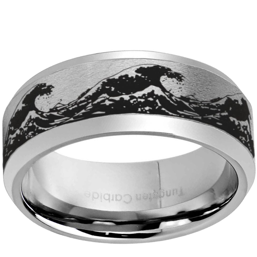 6, 8, 10mm Tungsten Ocean Wave Ring, Beveled Gray Tungsten Beach Wave ...