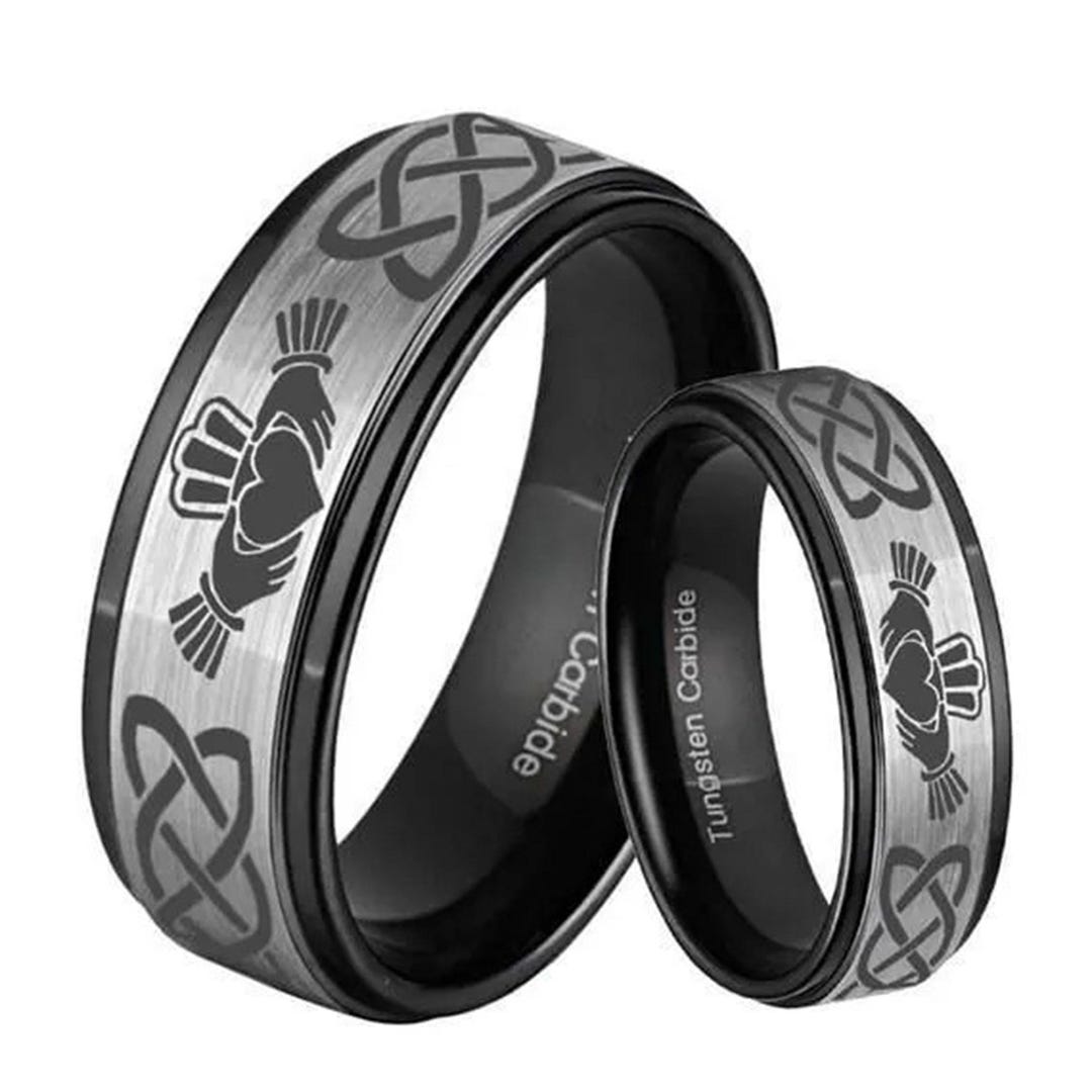 Irish Claddagh Wedding Ring Set for Couple, Celtic Claddagh Black Step ...
