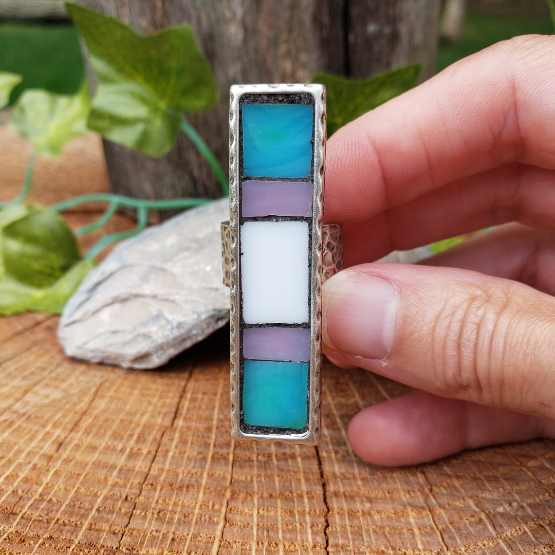 Trans Colors Mosaic Ring, Hammered Silver Rectangle Ring, Wearable Art ...