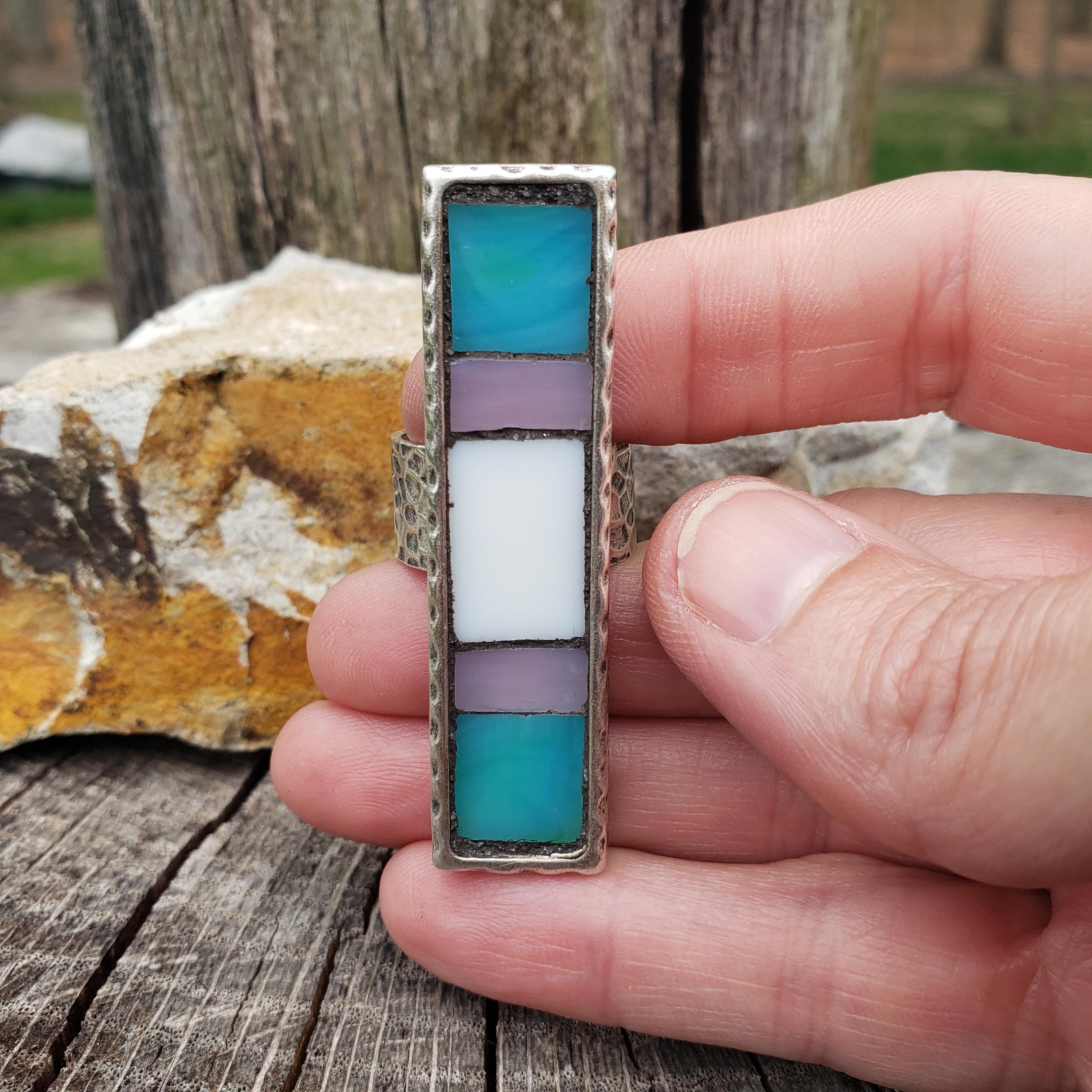 Trans Colors Mosaic Ring, Hammered Silver Rectangle Ring, Wearable Art ...