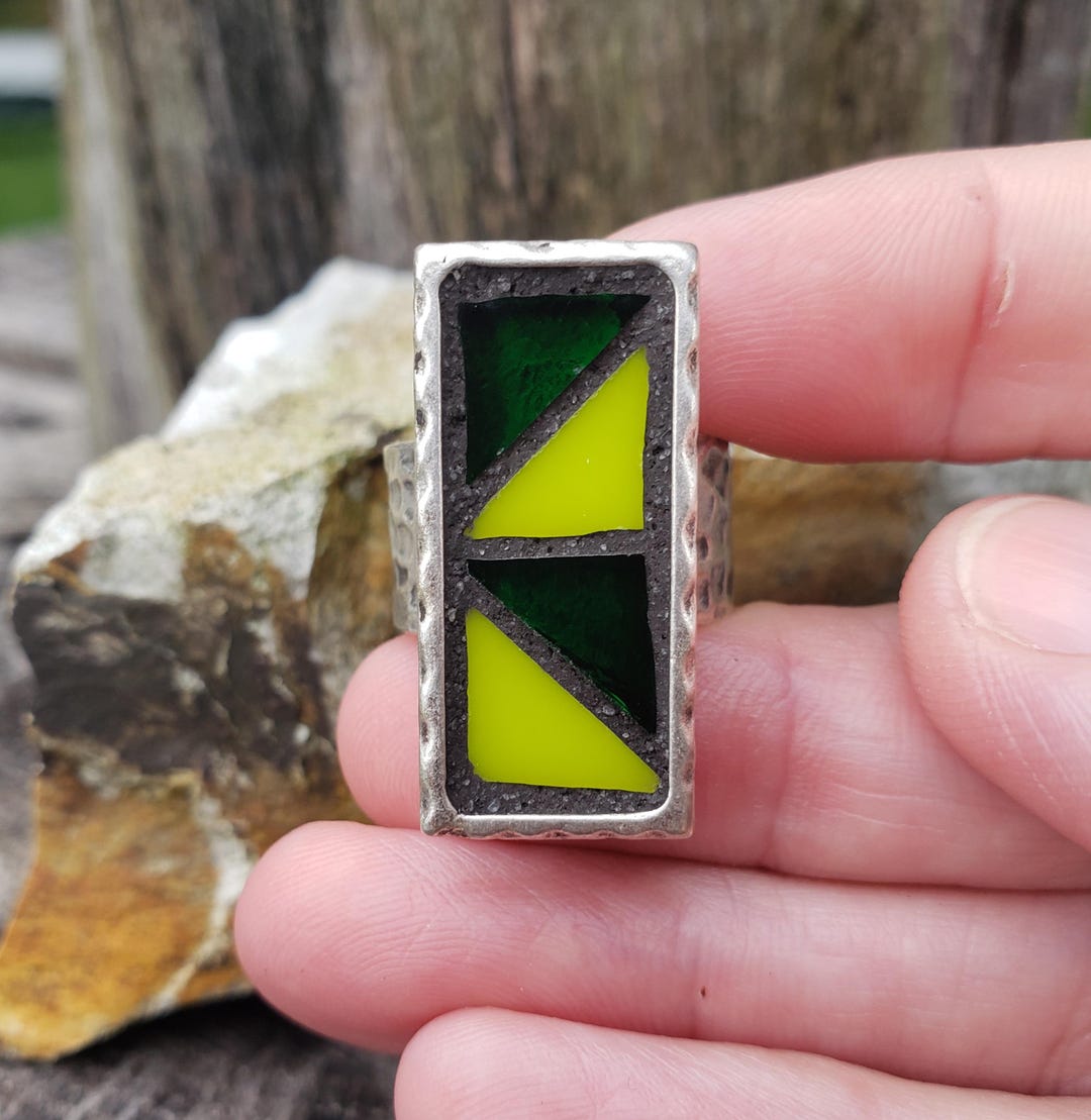 Emerald and Chartreuse Geometric Mosaic Rectangle Ring. - Etsy