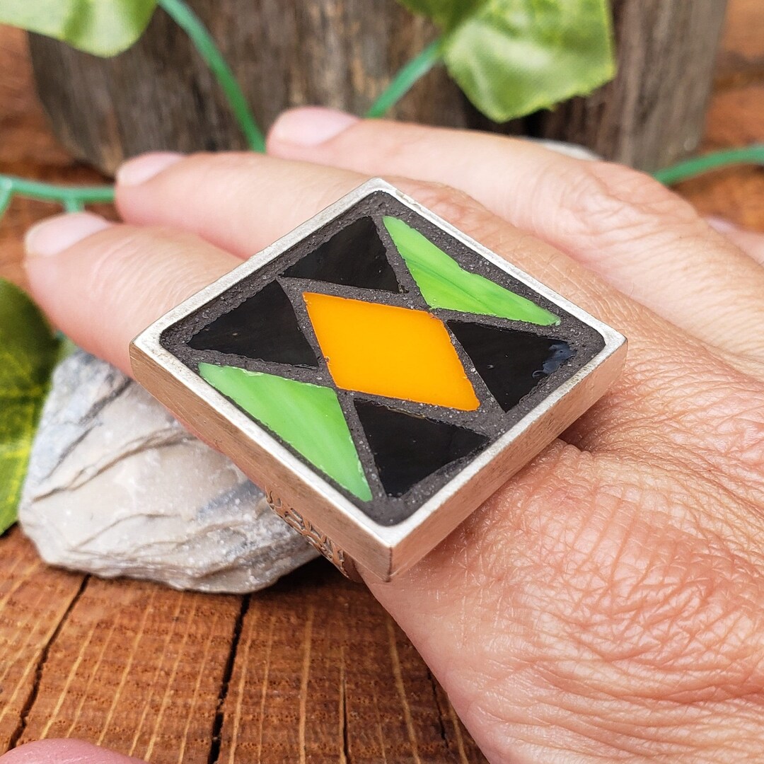 Geometric Mosaic Art Ring, Wearable Abstract Art Deco Ring, Large ...