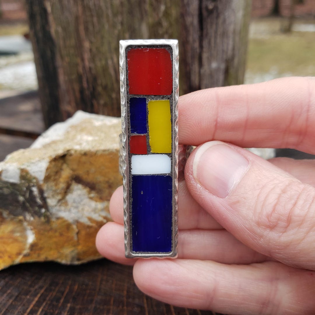 Primary Colors Mosaic Ring, Stained Glass Rectangle Adjustable Wide ...
