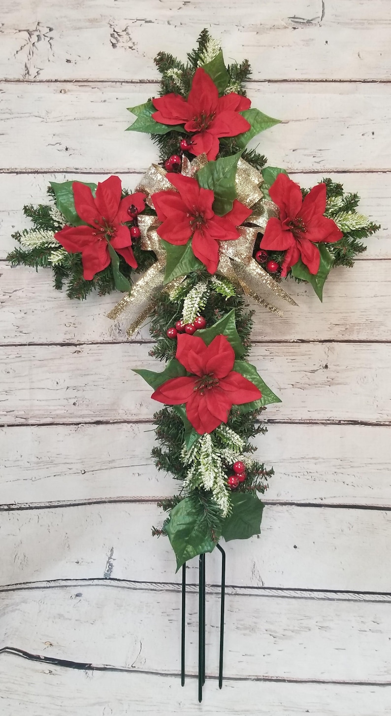 Christmas Pine Cross, Poinsettias, Cemetery Decoration, Cemetery ...