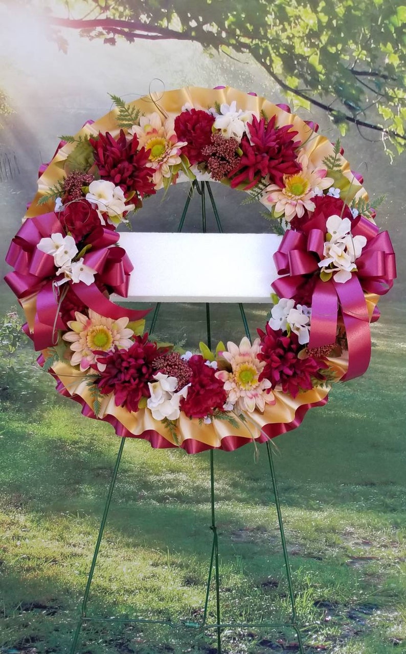 Fall Cemetery Wreath Burgandy and Gold Sympathy Gravesite | Etsy
