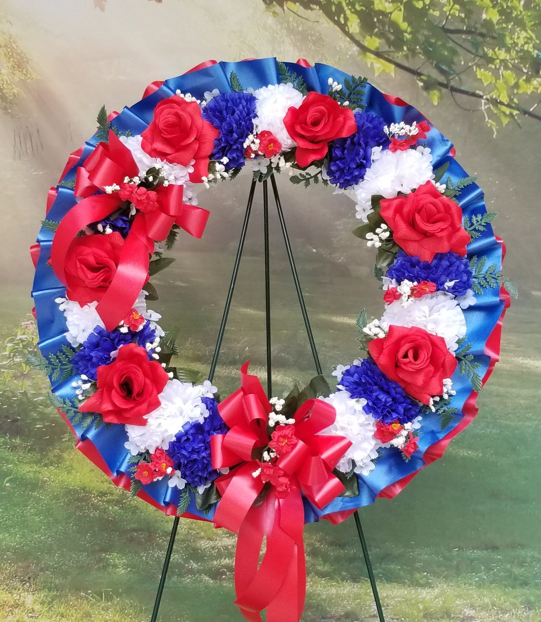 Open Patriotic Cemetery Wreath, Red White Blue, Sympathy Wreath ...