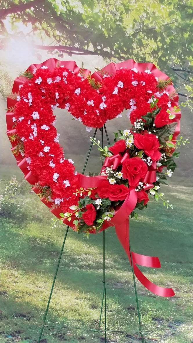 Red Open Heart Cemetery Wreath, Red Roses, Wreath, Sympathy Wreath ...