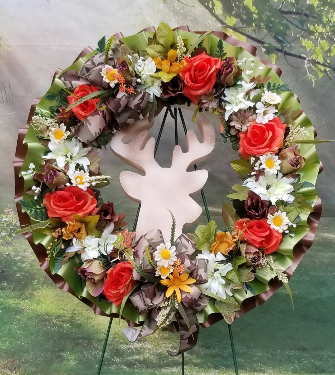 Fall Deer Cemetery Wreath, Green and Brown, Cemetery Flowers, Sympathy ...