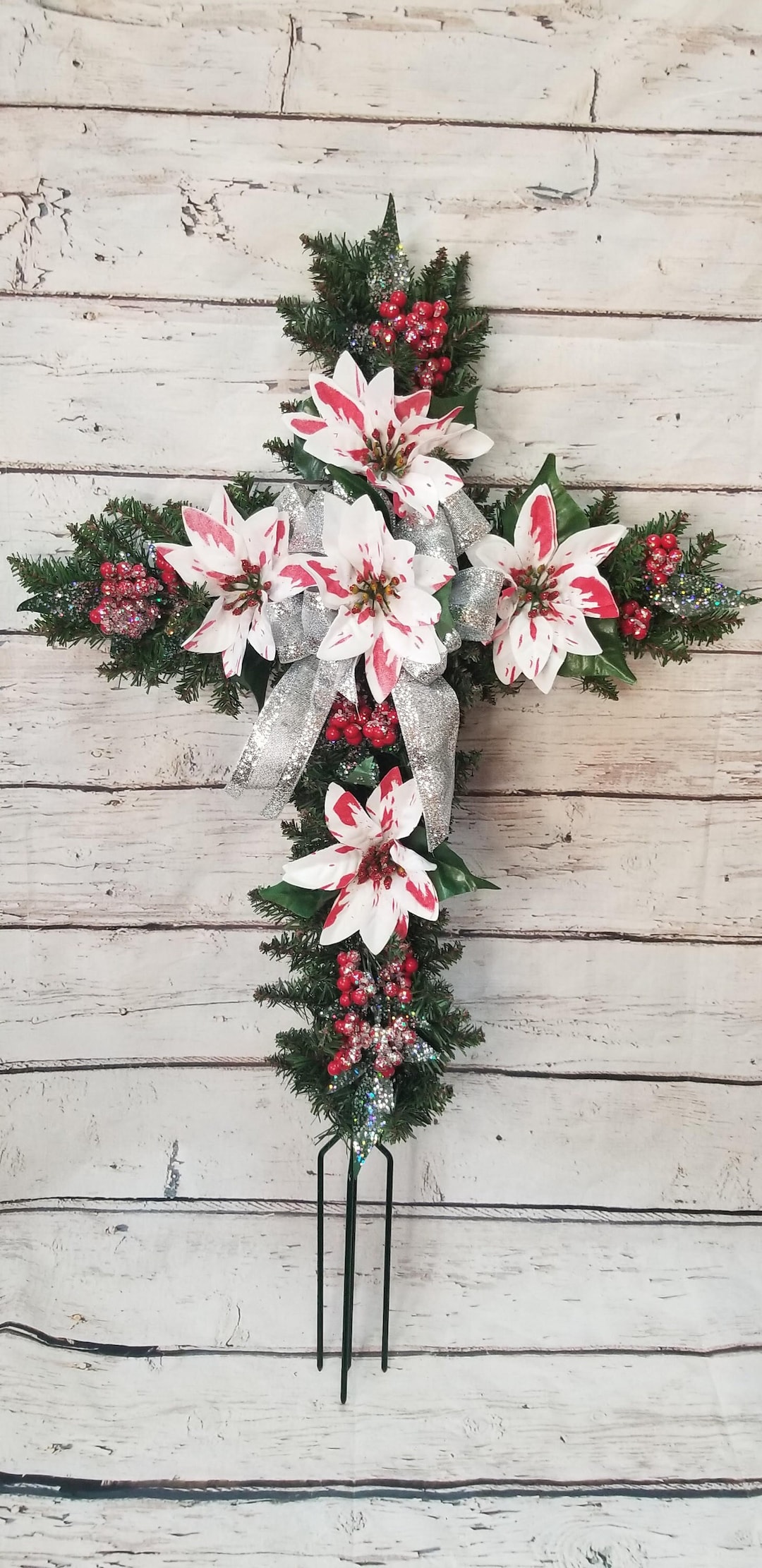 Christmas Pine Cross, Poinsettias, Cemetery Decoration, Cemetery ...