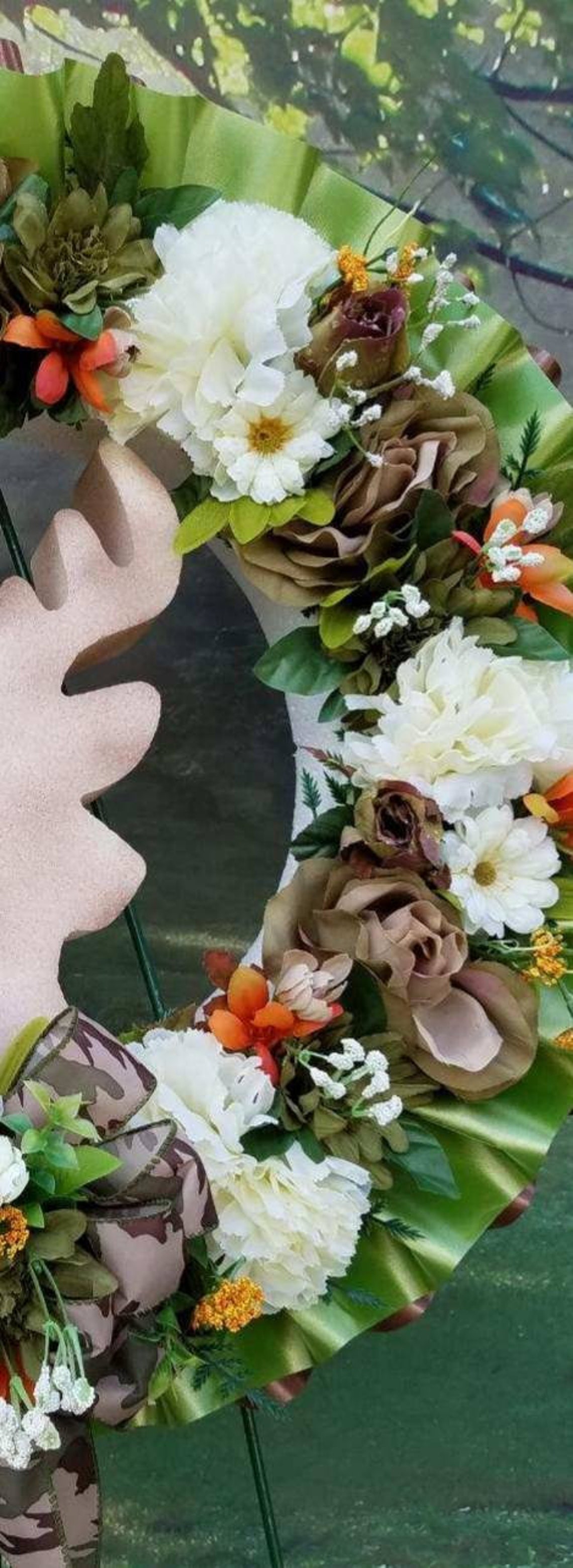 Fall Deer Cemetery Wreath Green and Brown Cemetery Flowers | Etsy