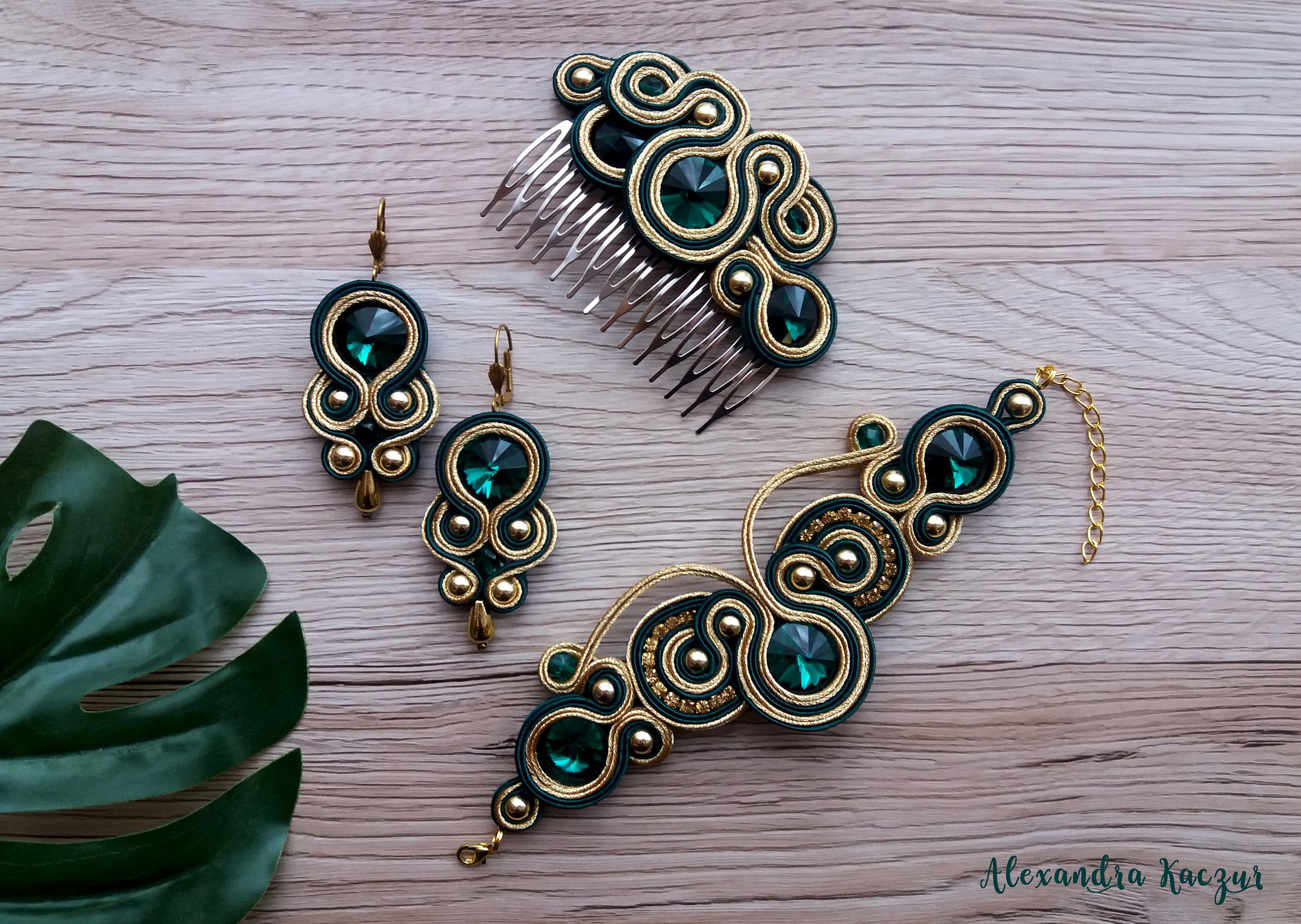 Green-gold Soutache Jewelry Set, Soutache Jewelry, Soutache Necklace ...
