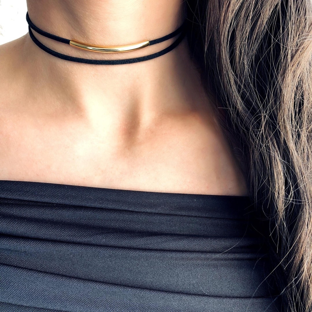 Silver or Gold Bar Suede Choker Necklace, Classy Elegant Minimal Double ...
