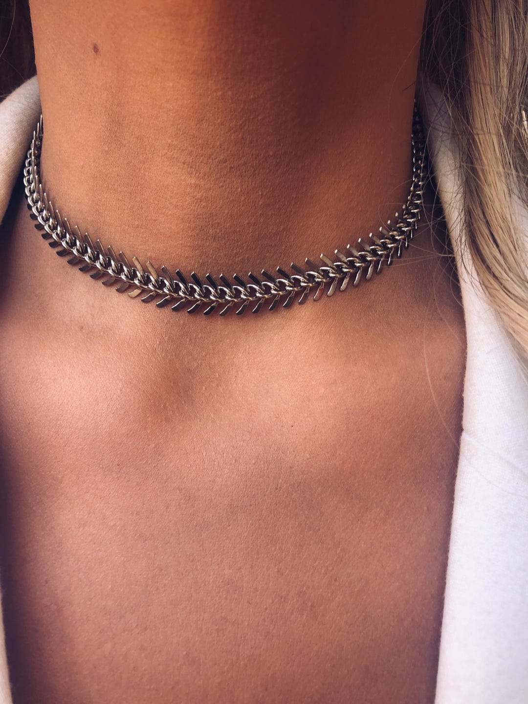 Silver Fishbone Link Choker Necklace: Women's Jewelry Gift - Etsy