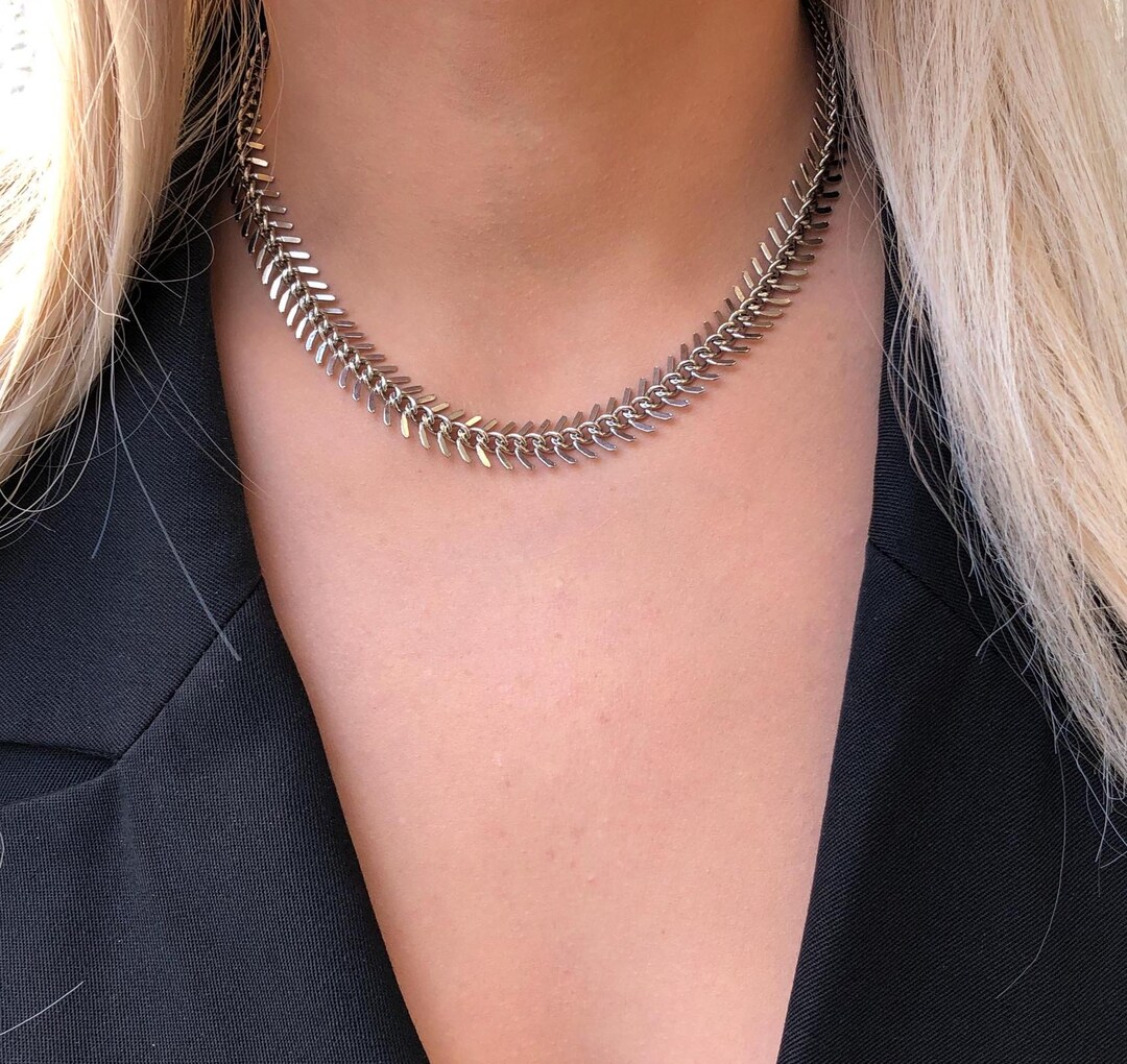 Silver Fishbone Link Choker Necklace: Women's Jewelry Gift - Etsy