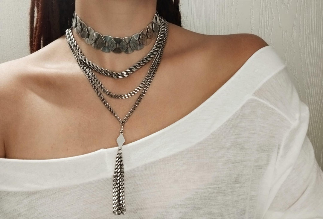 Edgy Silver,layer Necklace,geometric Shape,collar Choker Unique Jewelry ...