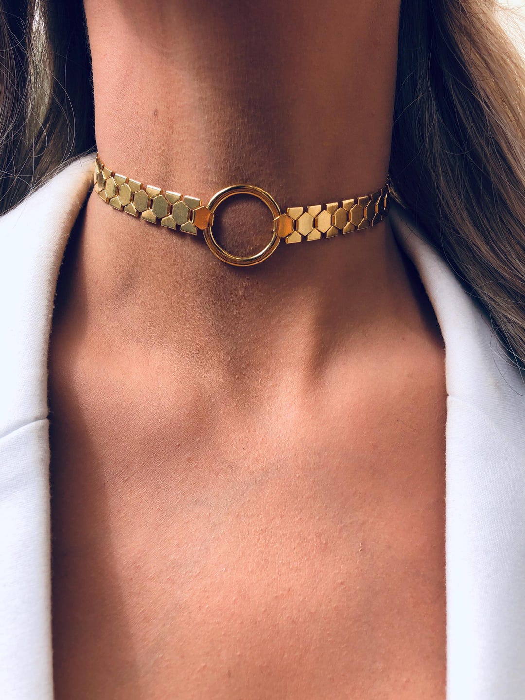 Gold O-ring Choker Necklace: Flat Chain Collar - Etsy