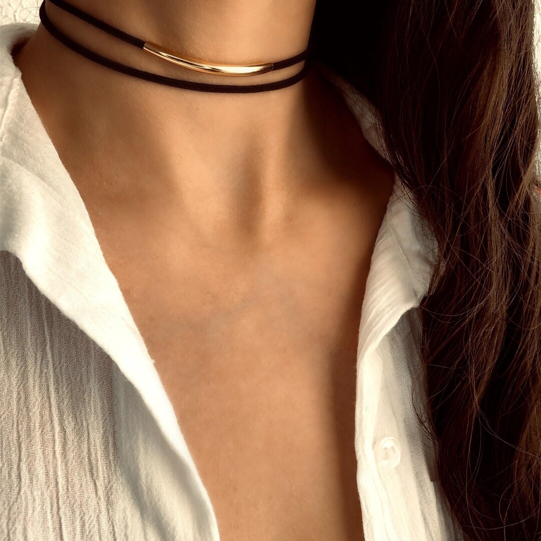 Layered Black Suede Choker With Gold or Silver Bar,cute Simple Velvet ...