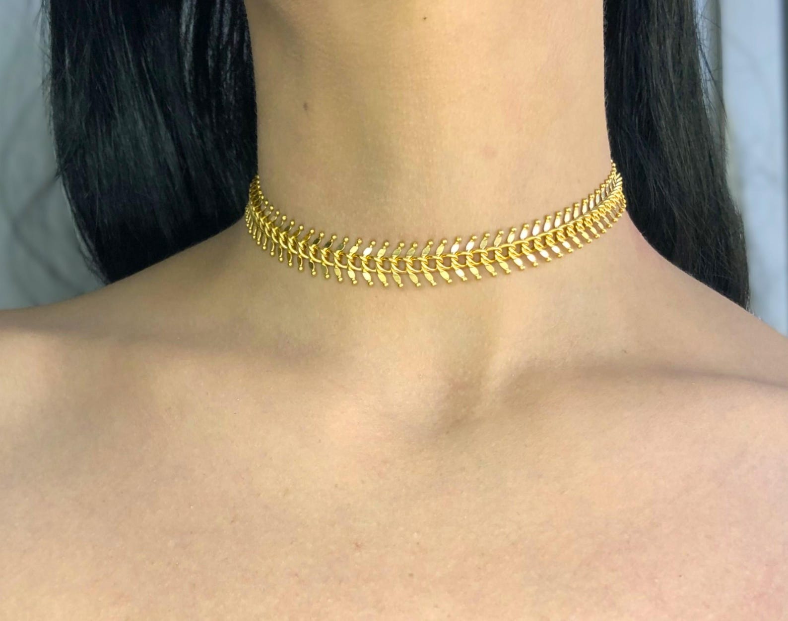 Gold Fishbone Link Choker Necklace: Women's Jewelry Gift - Etsy