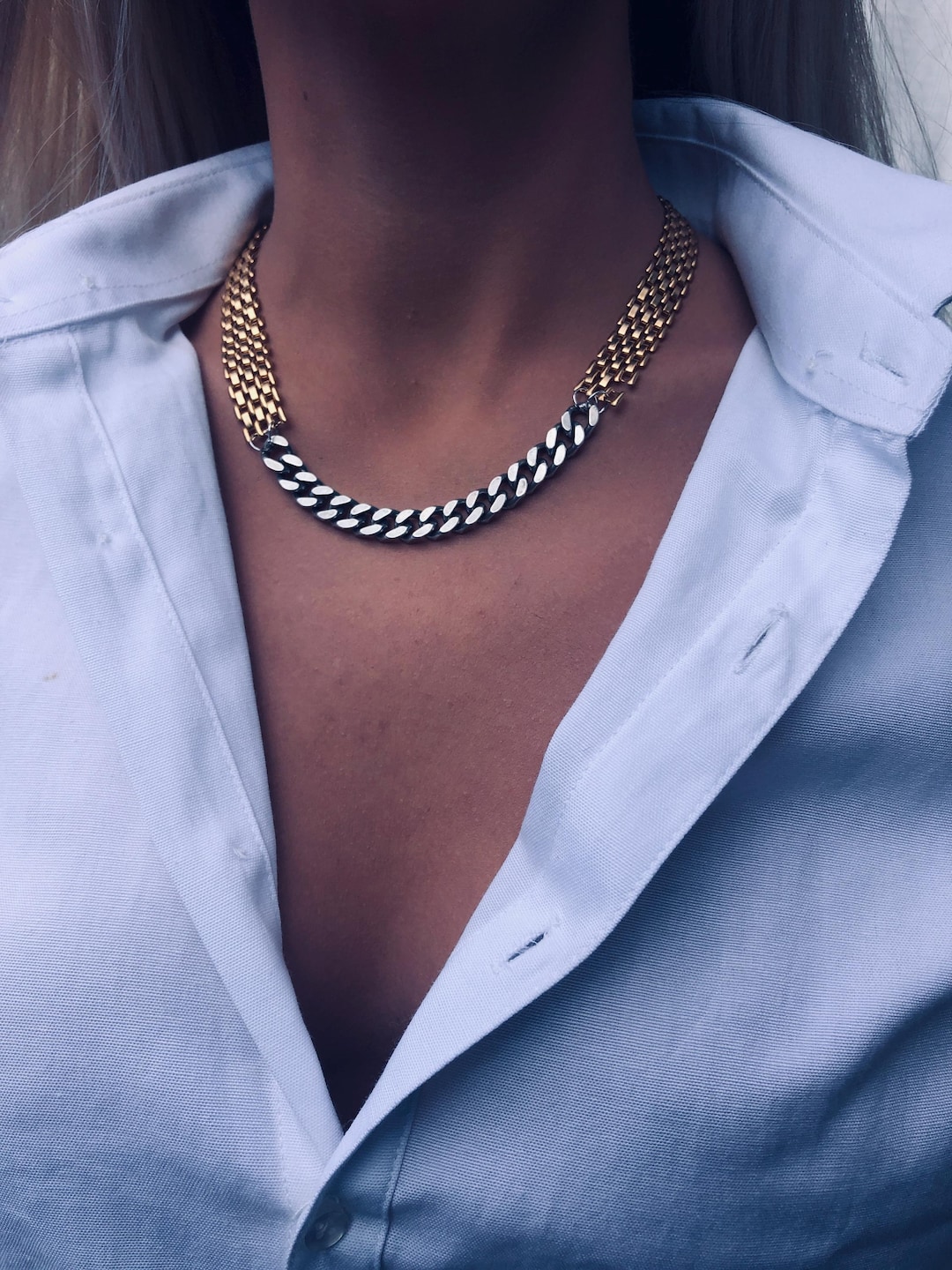 Mixed Metal Chain Necklace: Gold & Silver Braided Design - Etsy