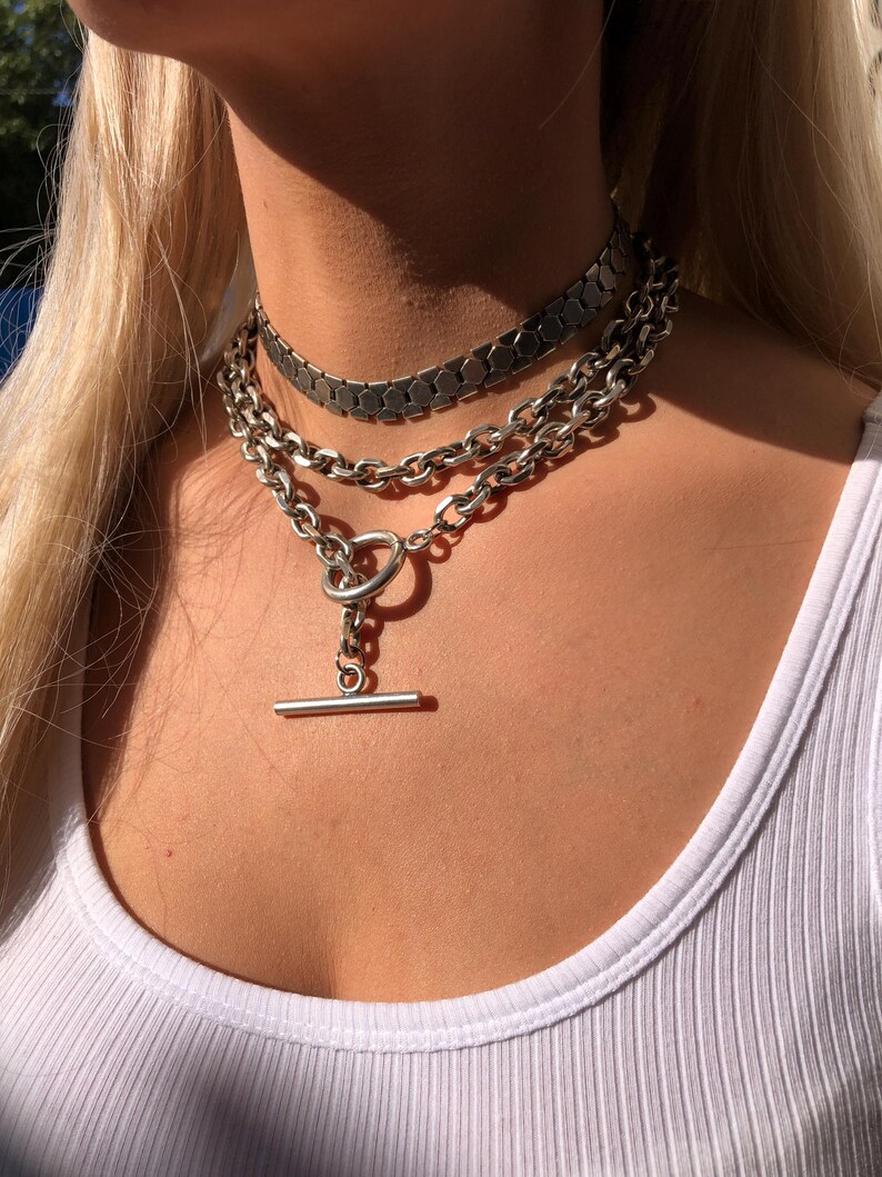 Edgy Layered Choker Necklace: Silver Bar Pendant, Toggle Clasp - Etsy