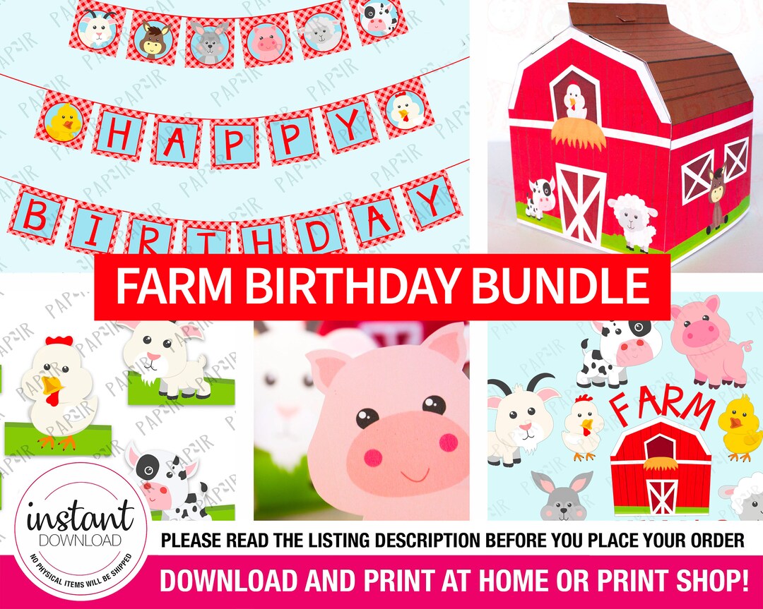 PRINTABLE BIRTHDAY BUNDLE Barn Favor Box | Barnyard Banner, Farm ...