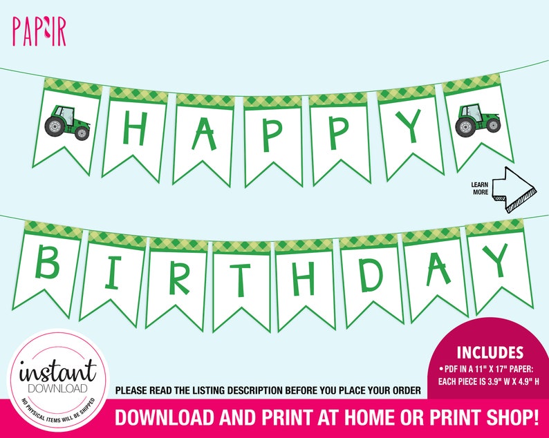 PRINTABLE Tractor Birthday Party Banner Green Tractor Farm - Etsy