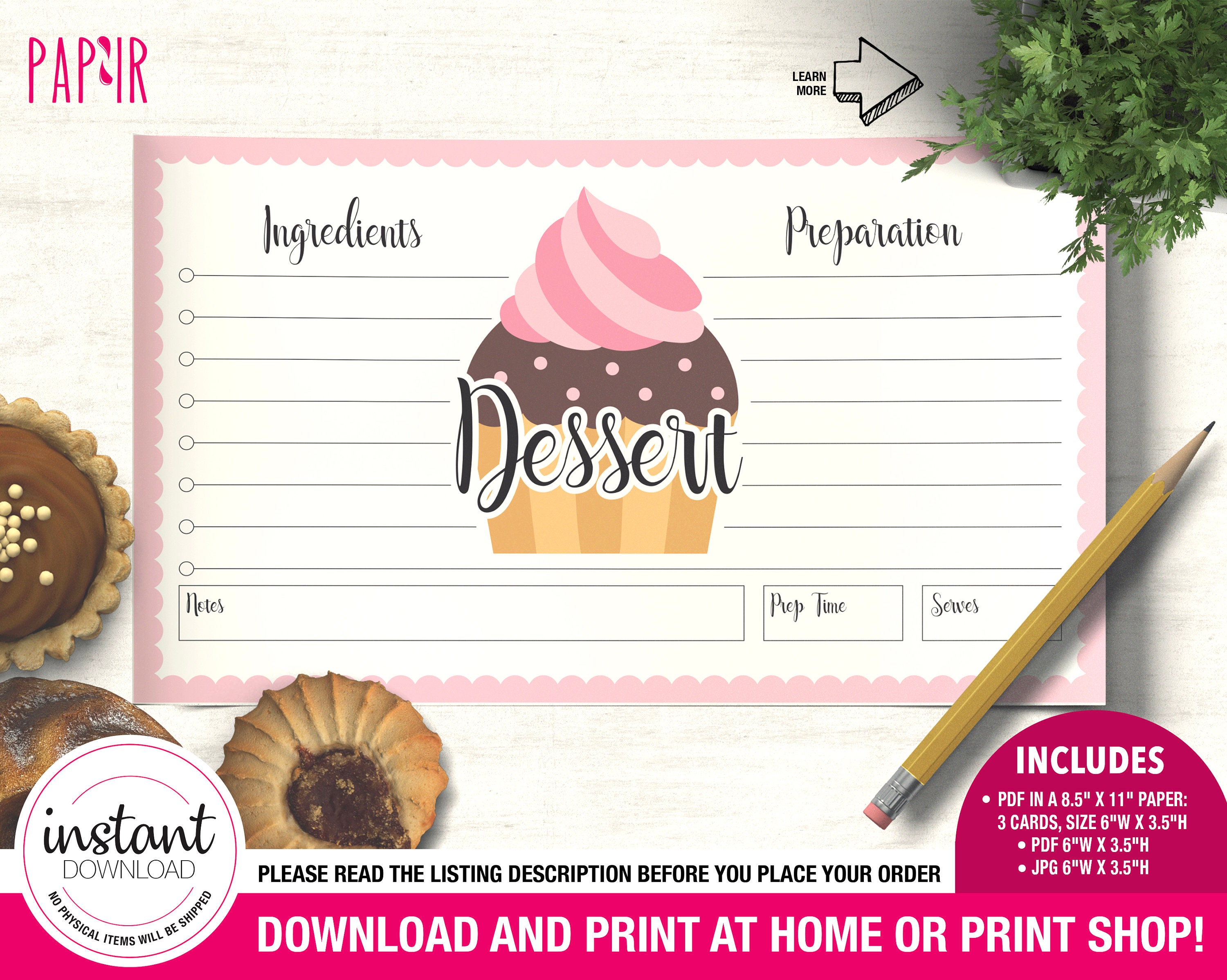 PRINTABLE Dessert Recipe Card Template Recipe Cards, Blank Recipe Card ...