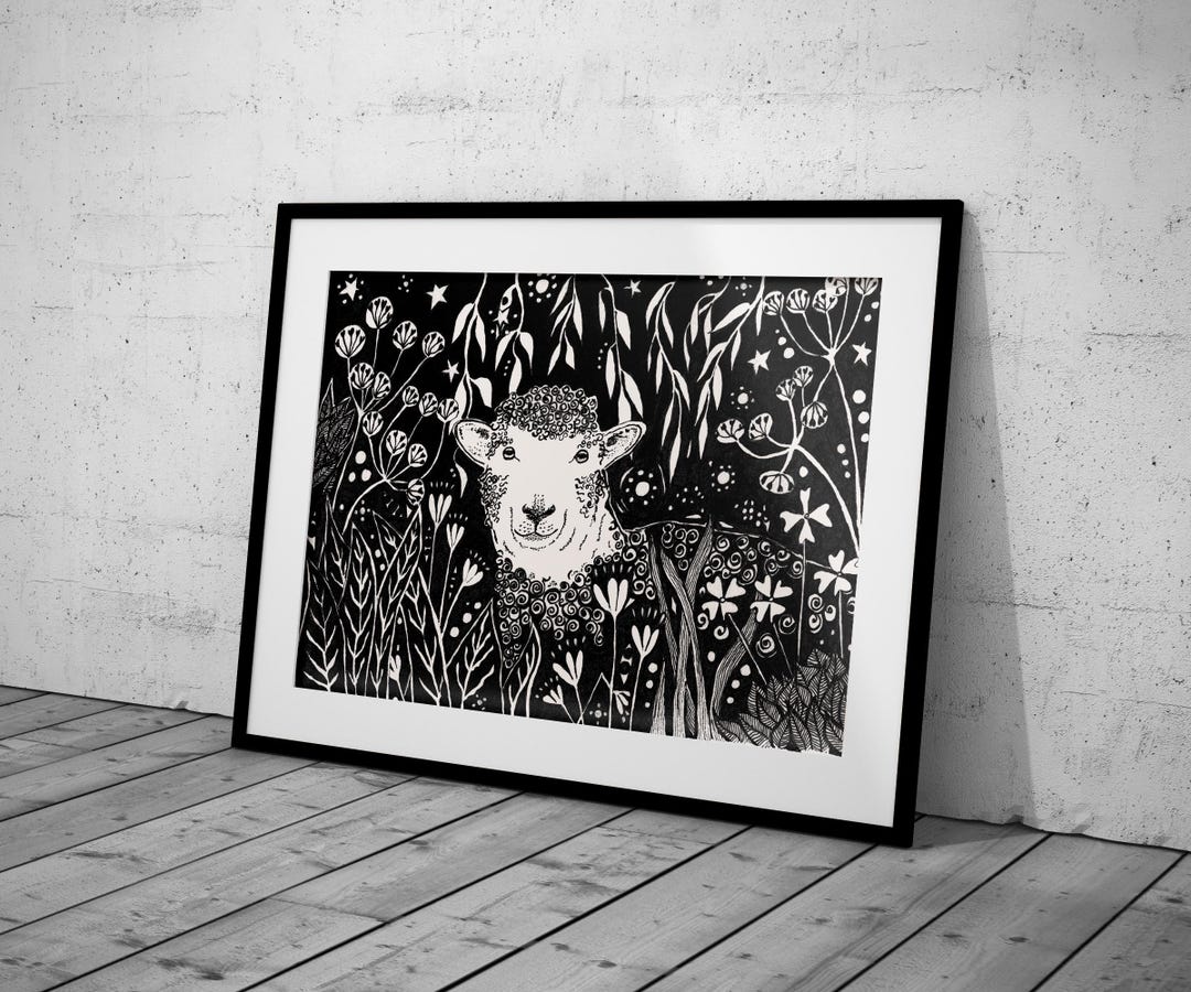 Hand Illustrated by Kay Fox, Moonlight Sheep Art Print, Illustrated Art ...