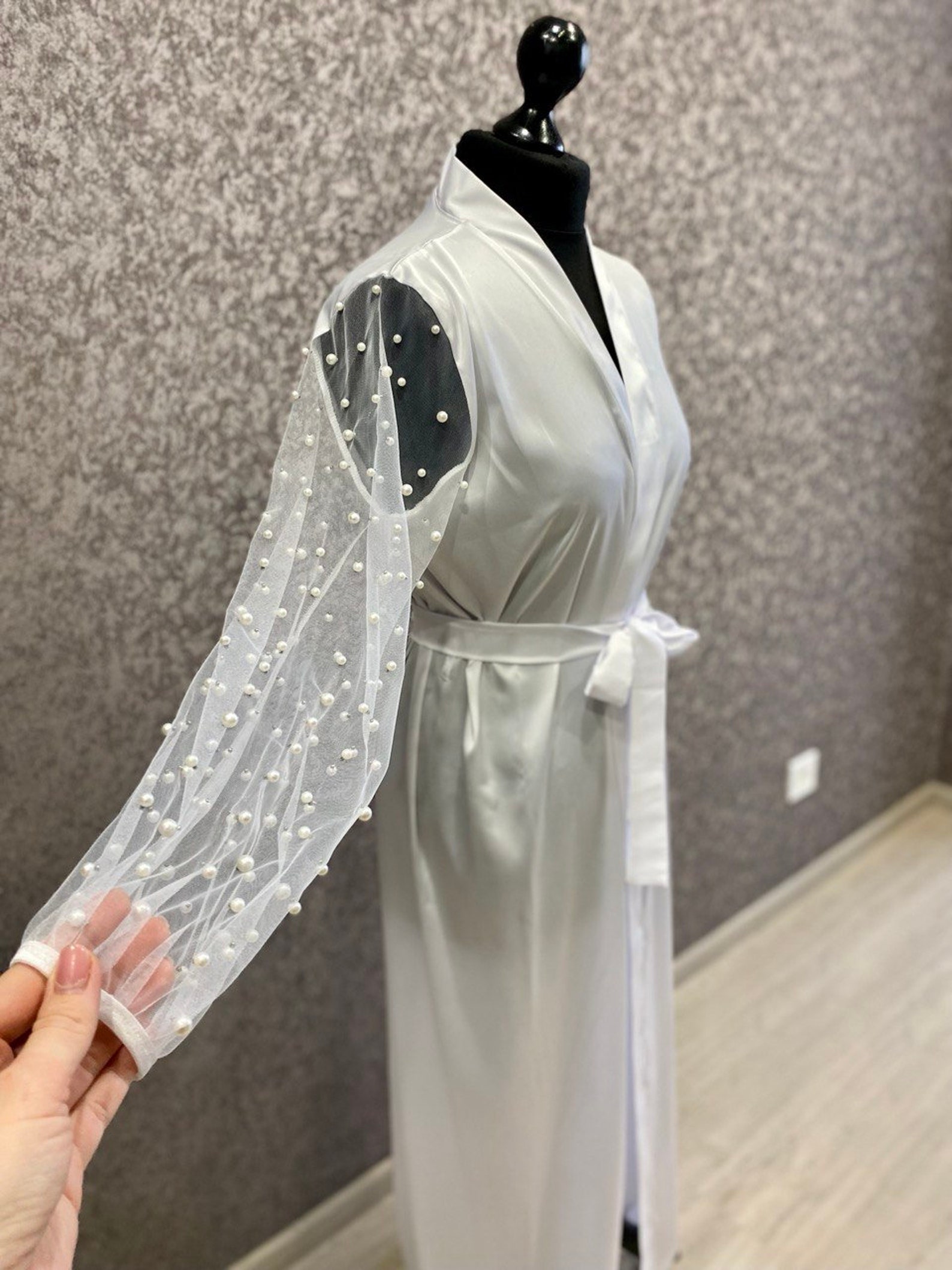 Bridal Robe With Pearl Sleeves Pearl Bride Robe Pearls Tulle Bride Robe ...