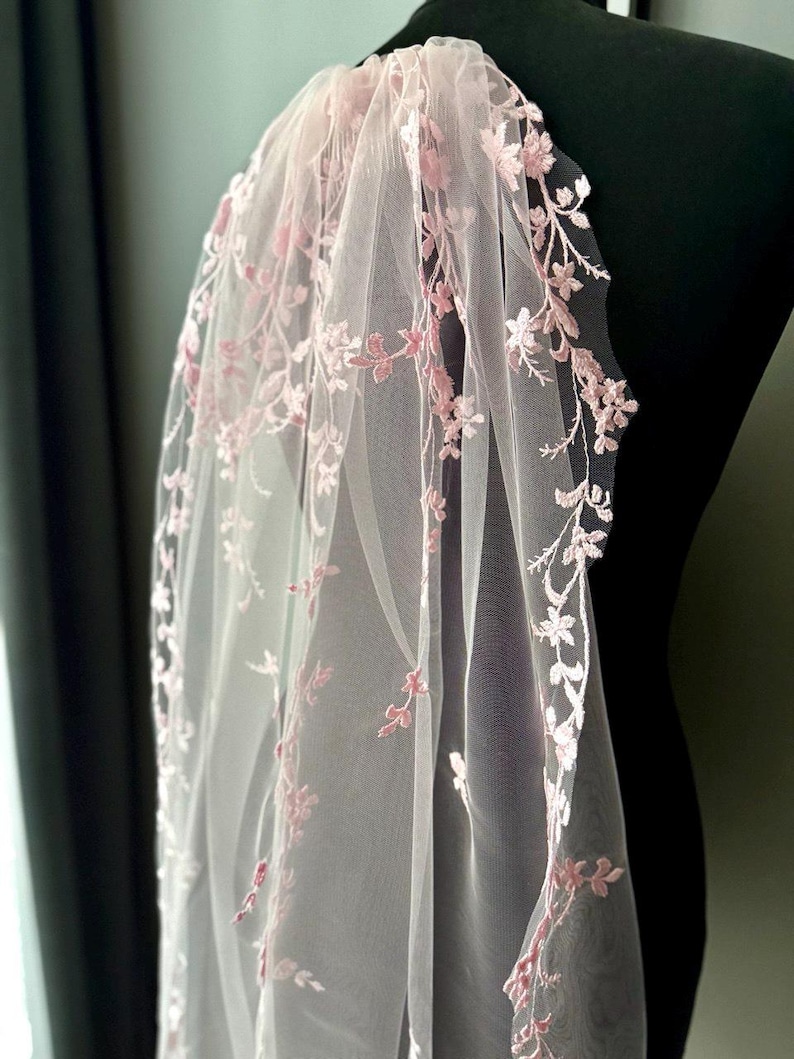 Light Pink Floral Embroidery Wedding Veil Pink Floral Veil Pastel Dusty ...