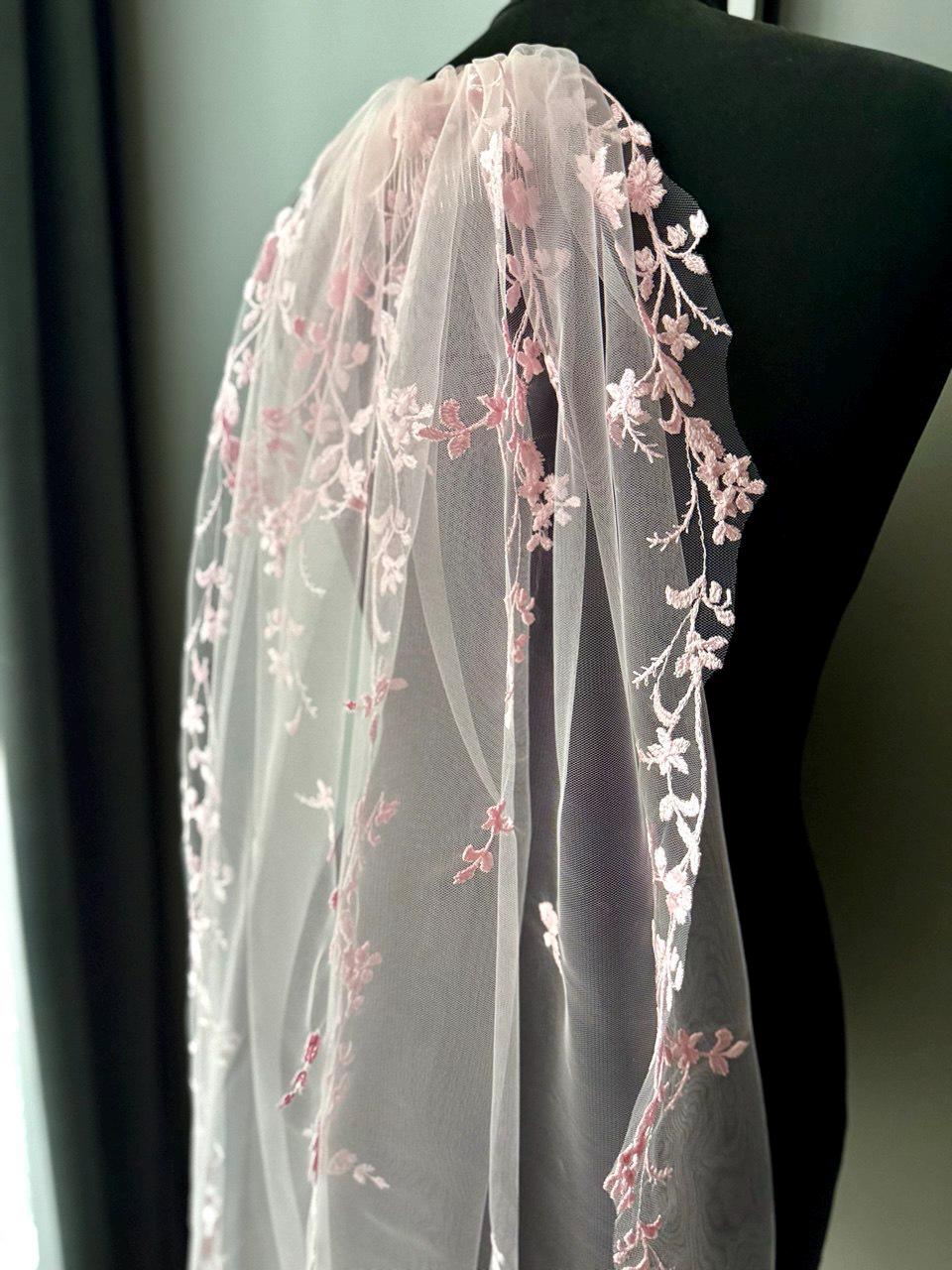 Light Pink Floral Embroidery Wedding Veil Pink Floral Veil Pastel Dusty ...