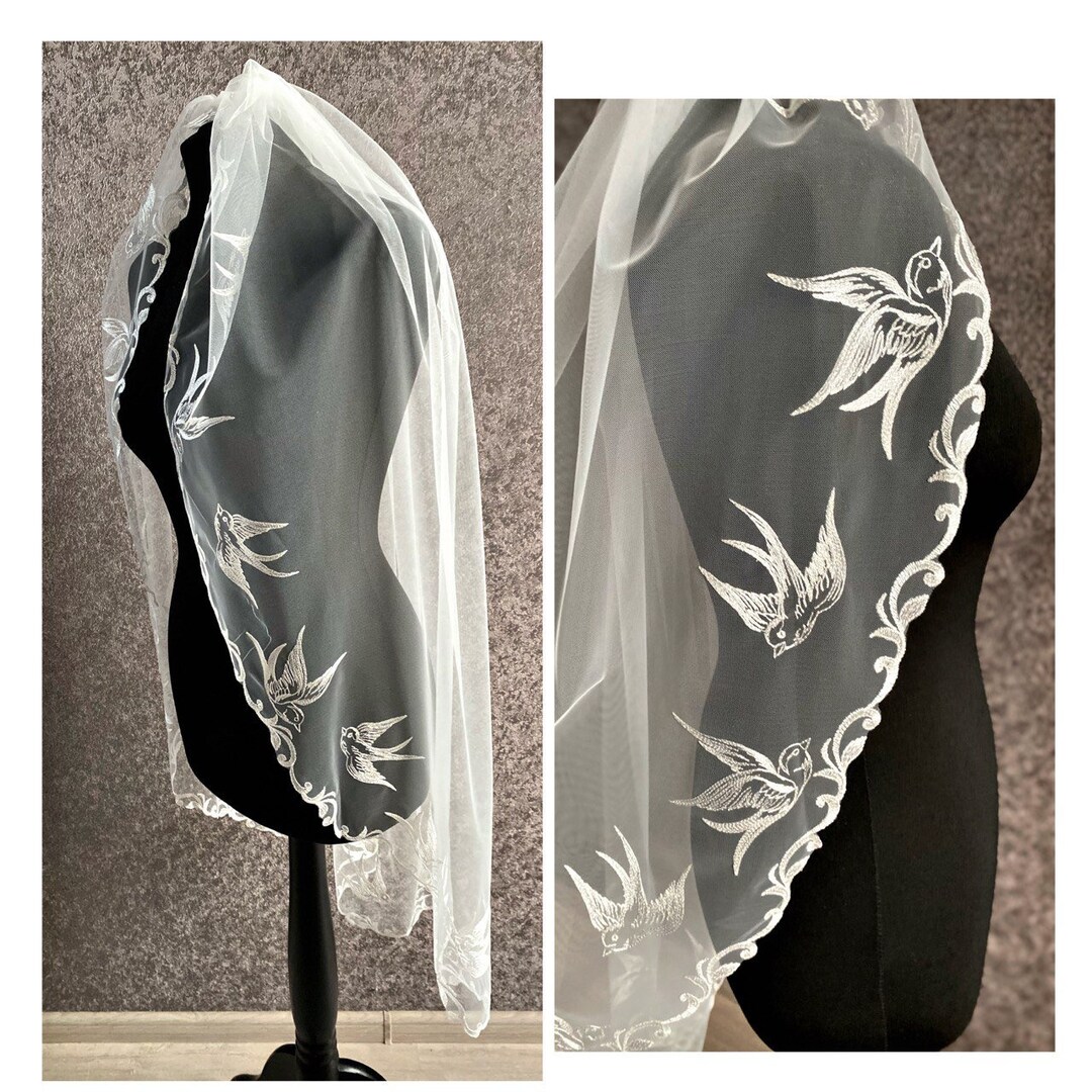 Bird Floral Lace Wedding Veil Leaves Veil Bridal Fingertip Veil Soft ...