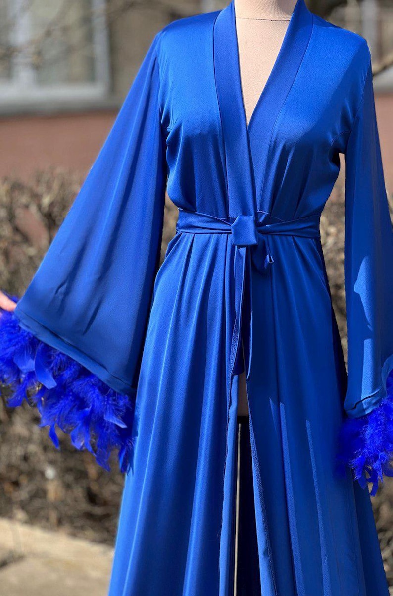 Blue Bridal Robe With Feather Feathered Robe Blue Bridesmaid Robes Navy ...