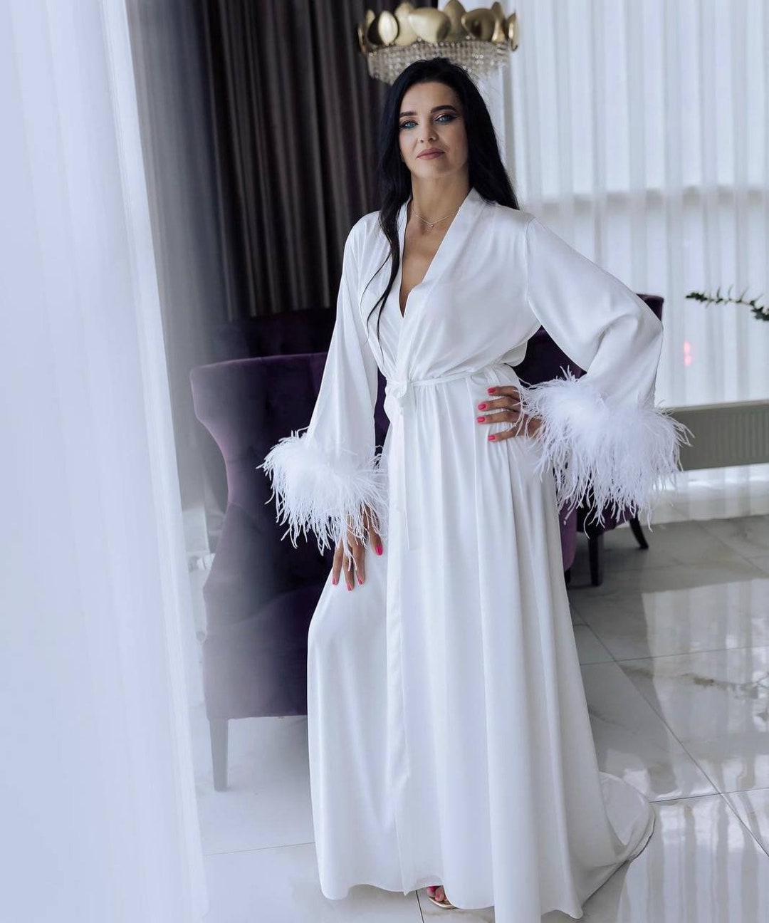 Long Silk Robe With Feathers Wedding Kimono Robe White Boudoir Robe ...