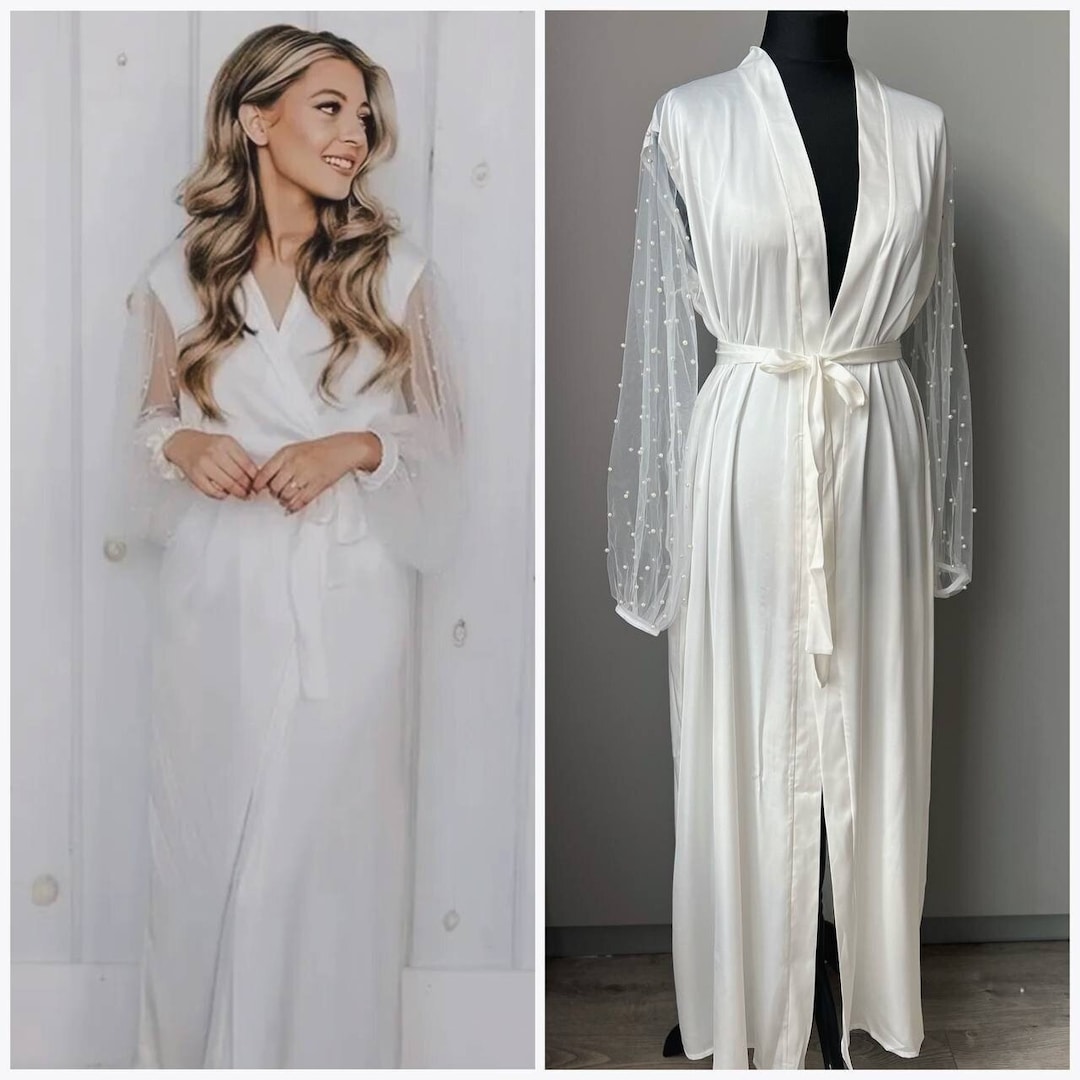 Bridal Robe With Pearl Sleeves Pearl Bride Robe Pearls Tulle Bride Robe ...