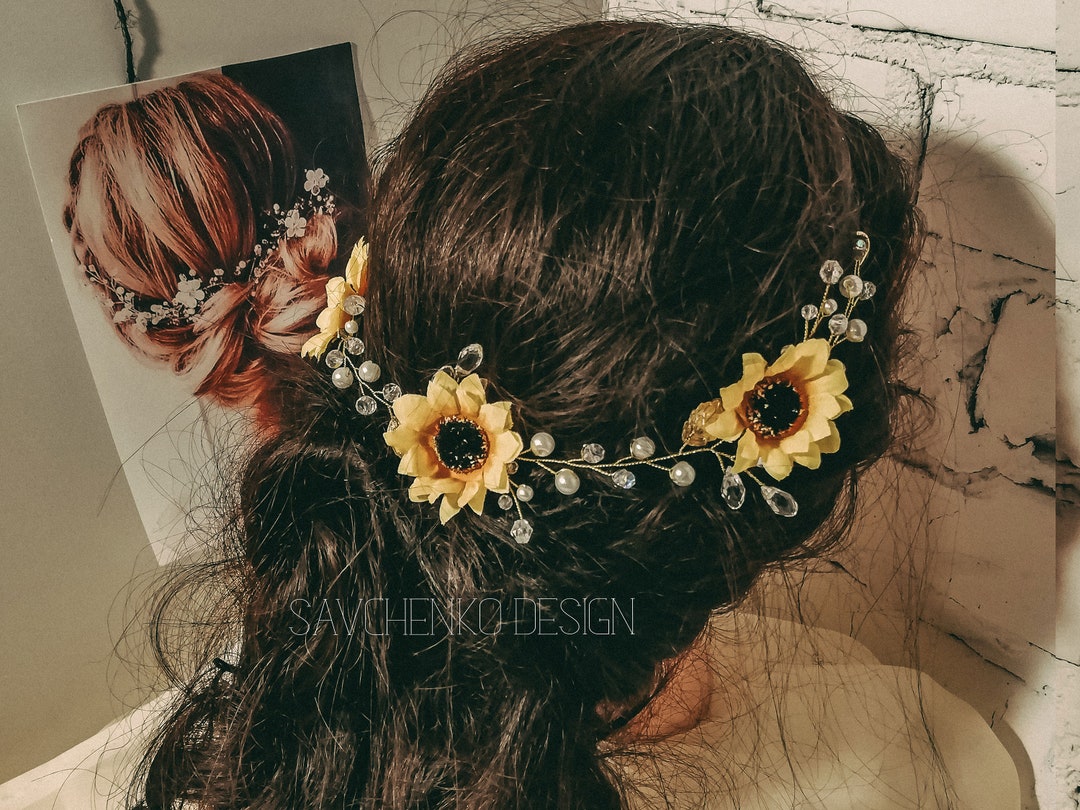 Sunflower Bridal Headpiece: Rustic Crystal Pearl Hair Vine - Etsy