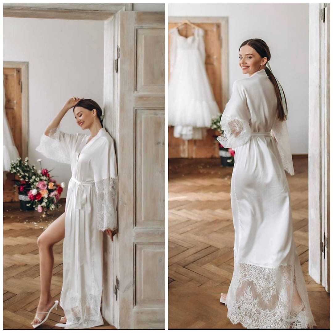 Long Bridal Robe With Lace Wedding Day Robe Lace Robe Wedding Kimono ...