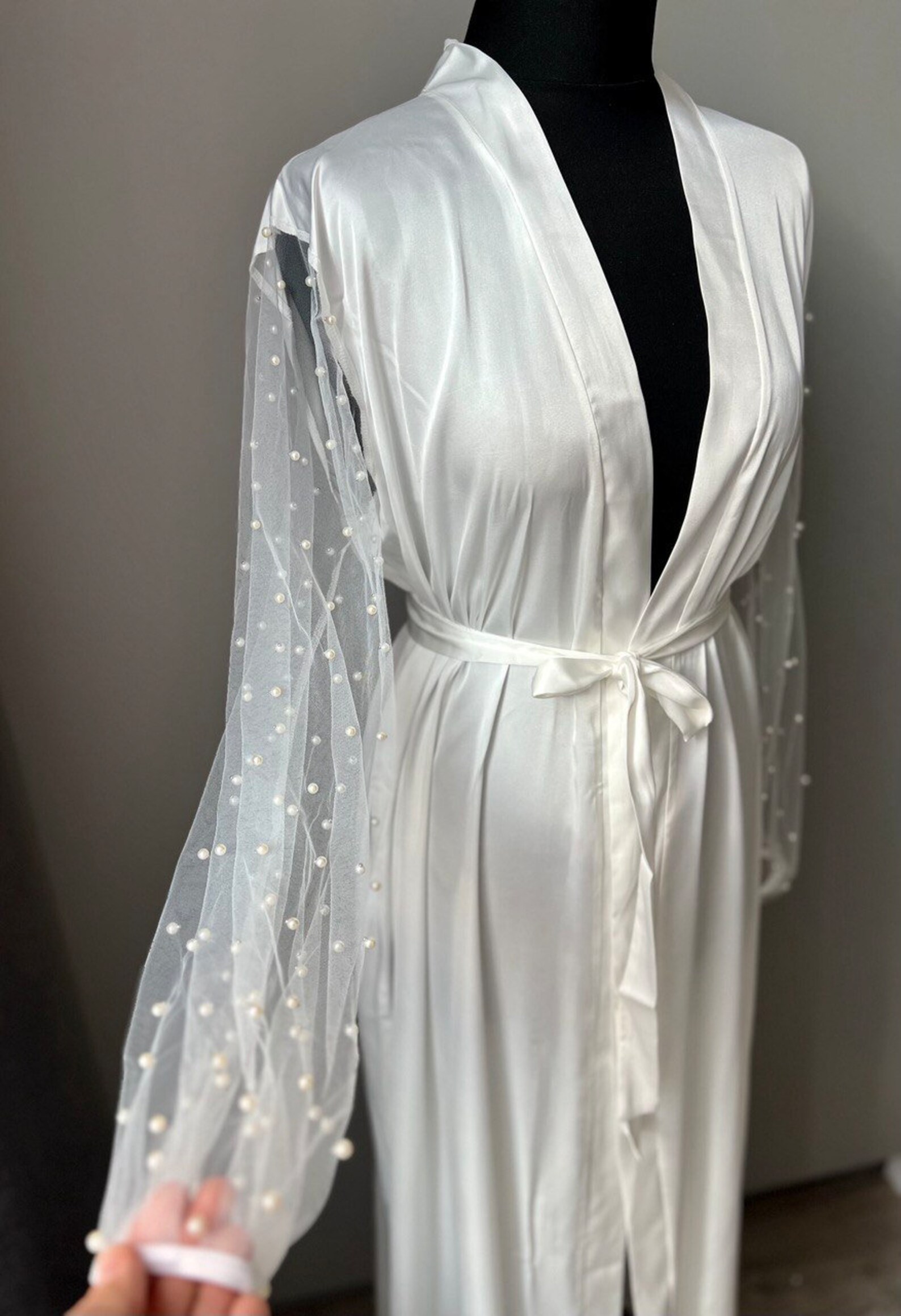 Bridal Robe With Pearl Sleeves Pearl Bride Robe Pearls Tulle Bride Robe ...