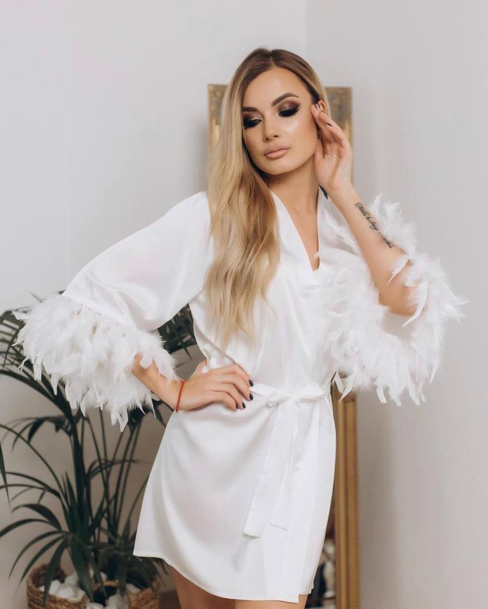 Blush Feather Robe Feather Trim Robes Feather Bridal Robe - Etsy