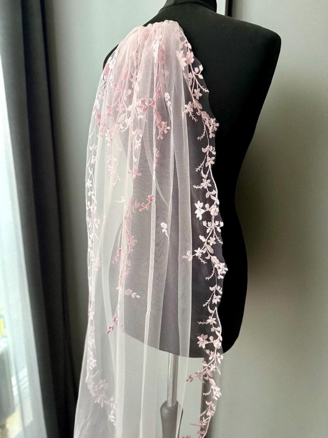 Light Pink Floral Embroidery Wedding Veil Pink Floral Veil Pastel Dusty ...