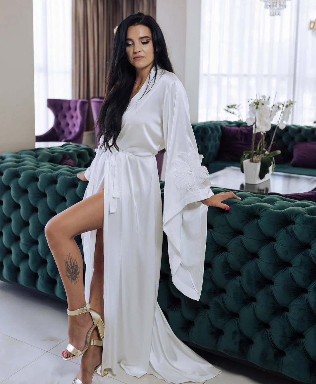 Longer White Lace Robe Bridal Lace Kimono Robe Wide Sleeve Wedding ...