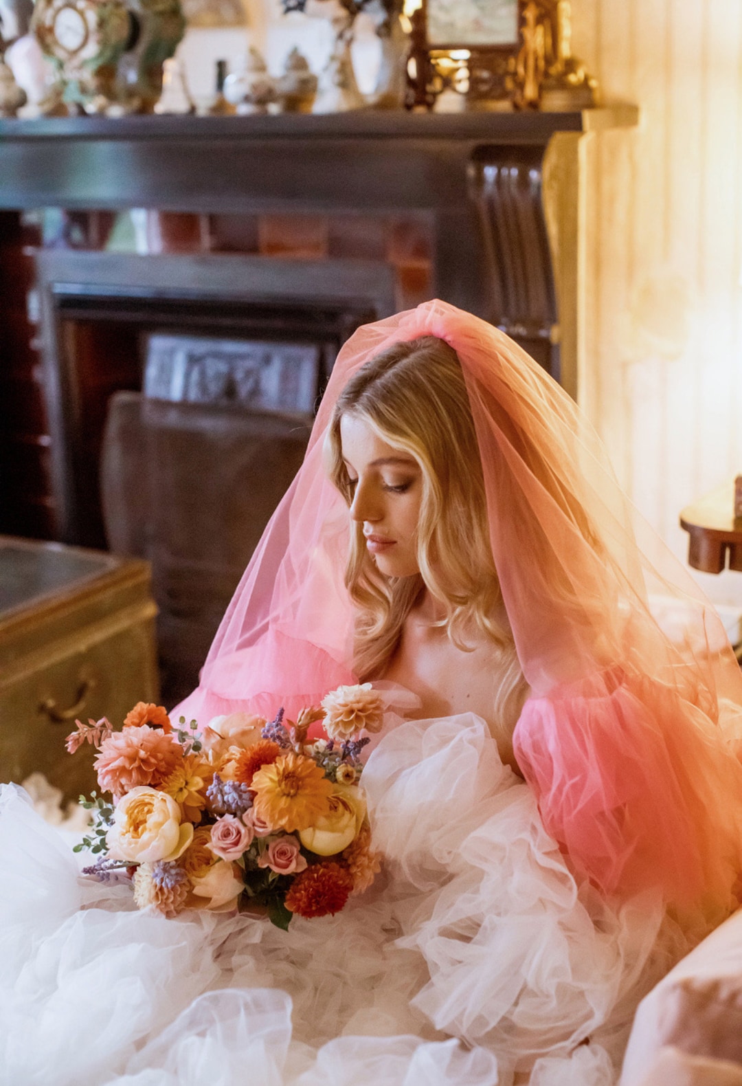 Pink Wedding Veil With Ruffles Pink Bridal Veil Hen Party Veil Retro ...