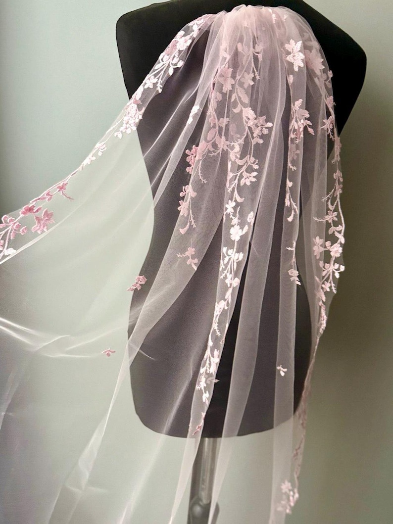 Light Pink Floral Embroidery Wedding Veil Pink Floral Veil Pastel Dusty ...