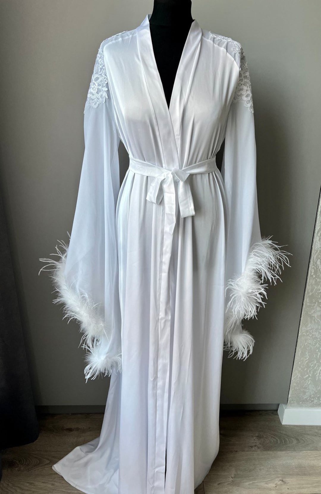 Long Feather Robe White Feather Silk Bridal Robe Boudoir Robe Satin ...