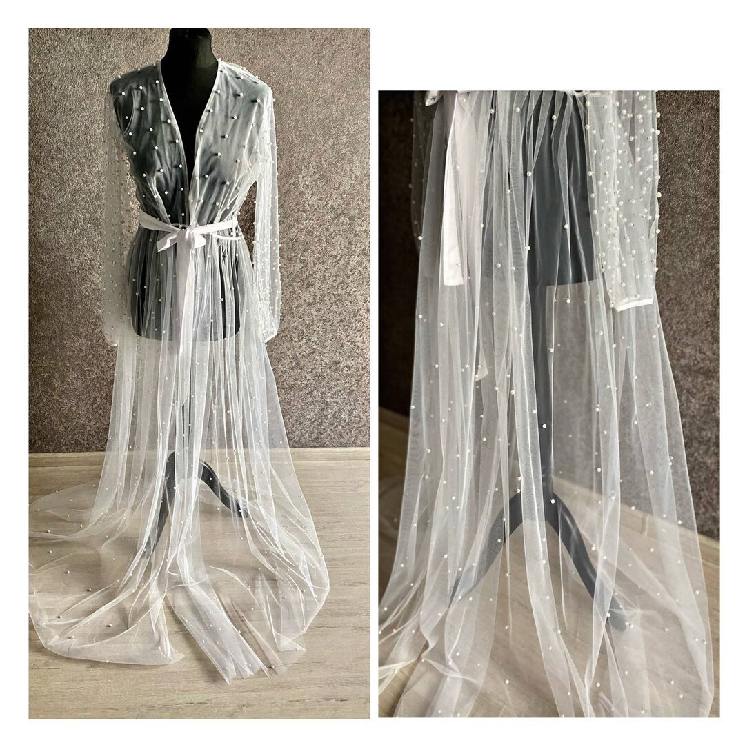 Bridal Robe With Pearls Boudoir Robe Wedding Pearl Robe Long Bridal ...