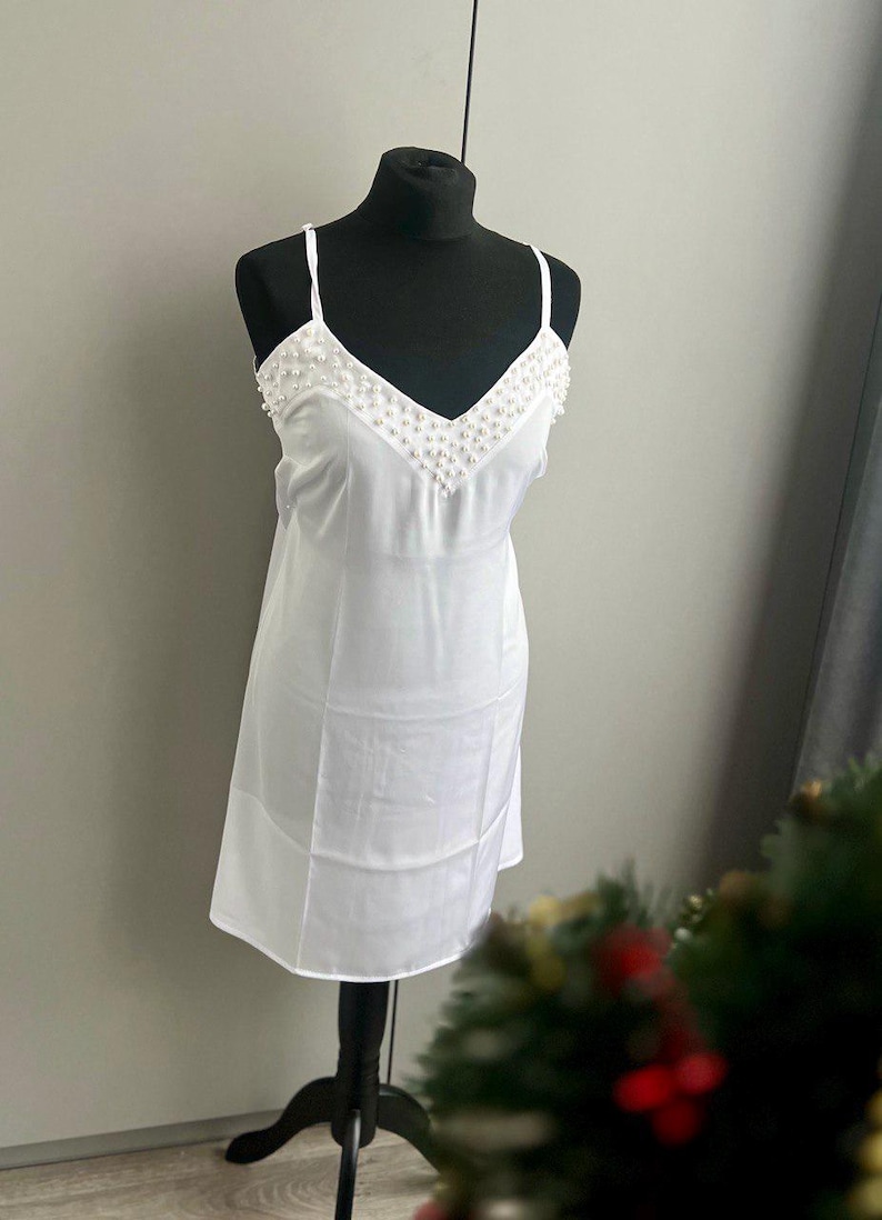 White Beaded Slip Bridal Getting Ready Pearl Lingerie Wedding Day Robe ...