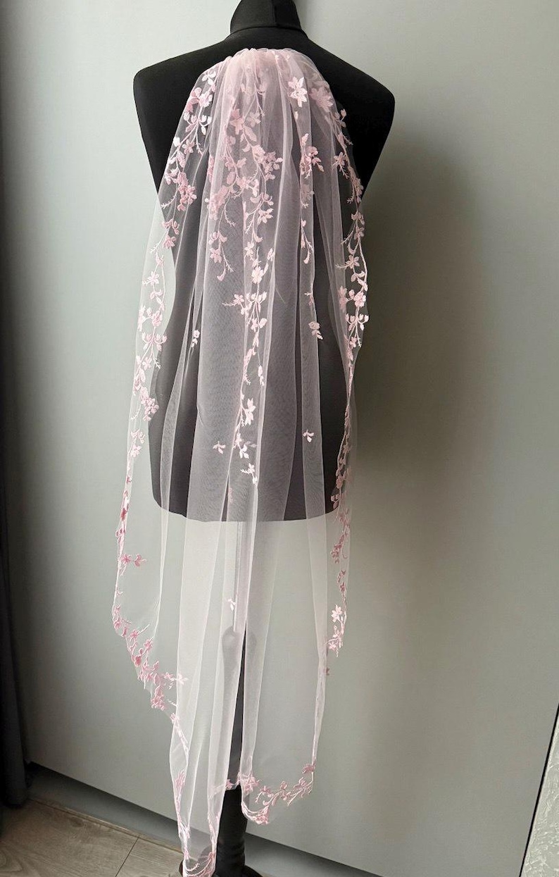 Light Pink Floral Embroidery Wedding Veil Pink Floral Veil Pastel Dusty ...