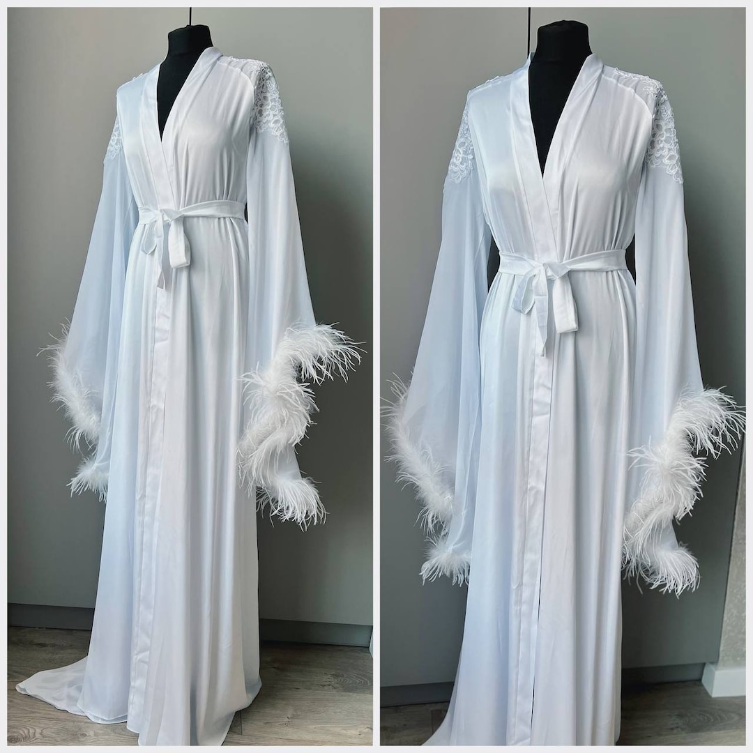 White Feather Robe Long Silk Robe Silk Boudoir Robe Lace Bride Robe ...