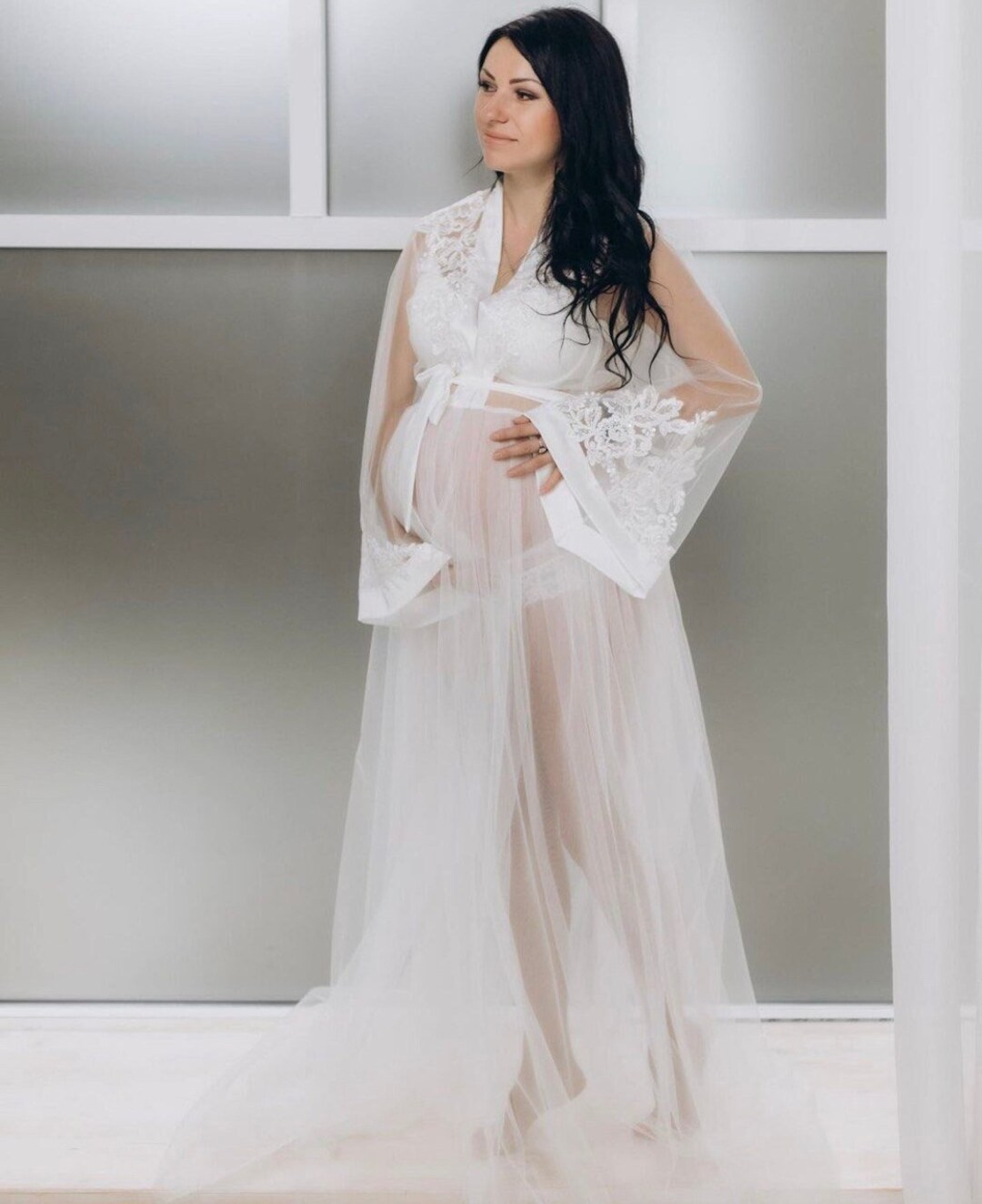 Bridal Long Lace Robe Bridal Robe With Train Chantilly Lace, Boudoir ...